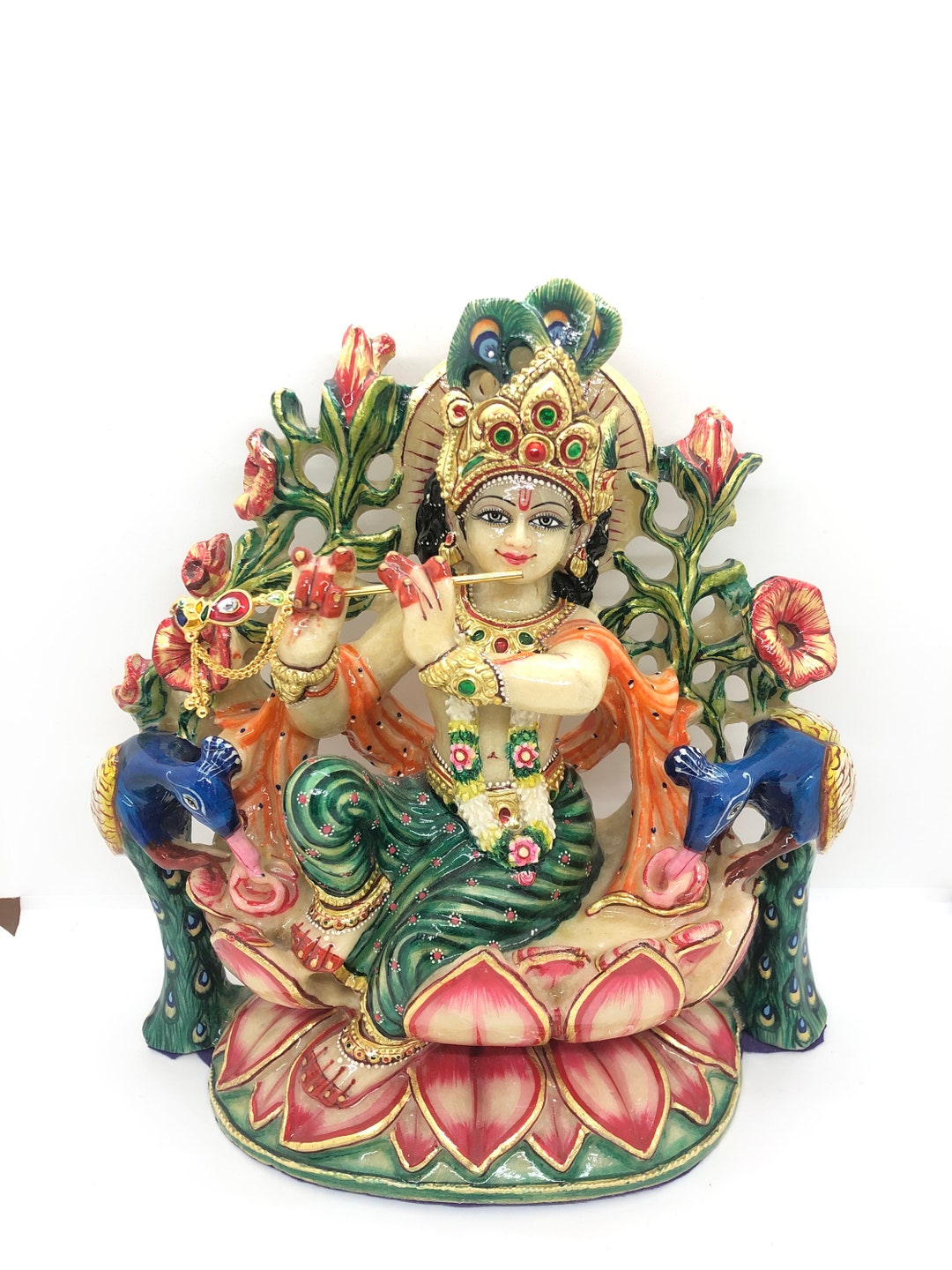 11" Yellow Jade Lord Krishna Statue: 22k Gold Leaf, Meenakari Stone ...