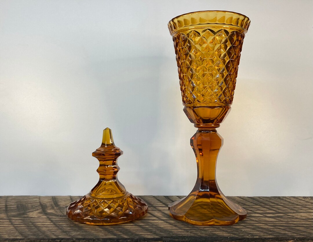 Vintage Amber Glass Diamond Pattern Candy Dish / Compote / Cookie Jar ...