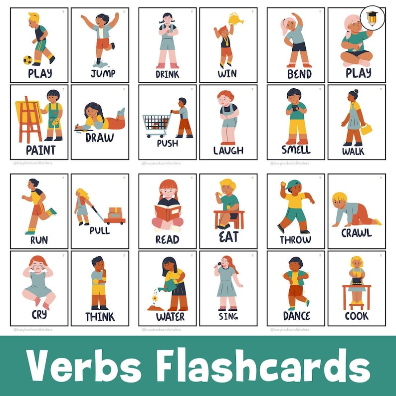 40 VERBS FLASHCARDS Vocabulary Parts of Speech Positional Words ...