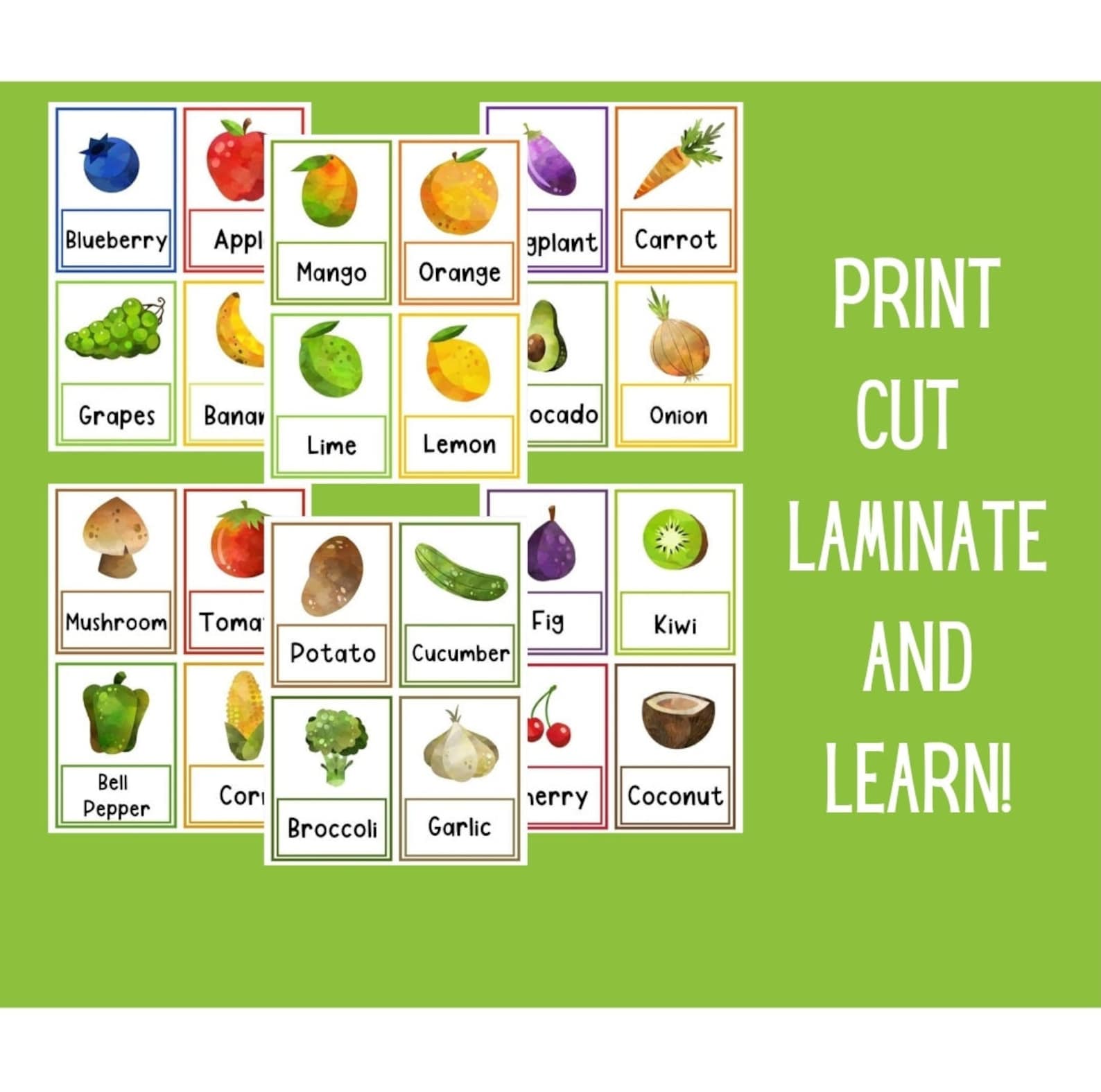 Fruits and Vegetables Flashcards | Preschool Flash Cards | Watercolor ...