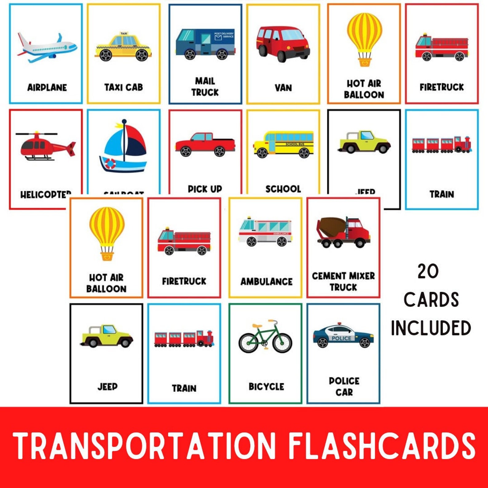 Transportation Flashcards Vehicles Trucks Cars | Etsy
