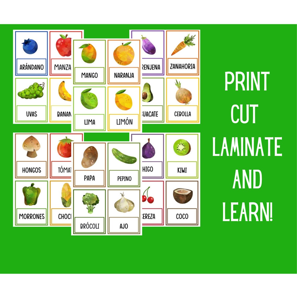 Spanish Flashcards Fruits and Vegetables Preschool Flash | Etsy