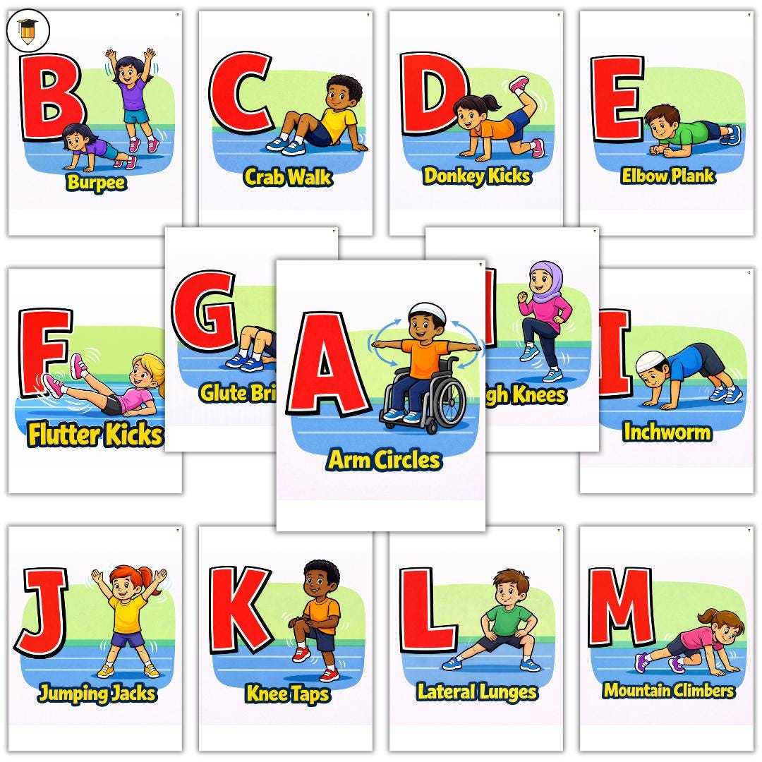 A to Z Fitness Posters | Kids Exercises | Flash Cards for Kids | PE ...