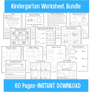 Kindergarten Worksheet Bundle, Homeschool Printables, Preschool ...