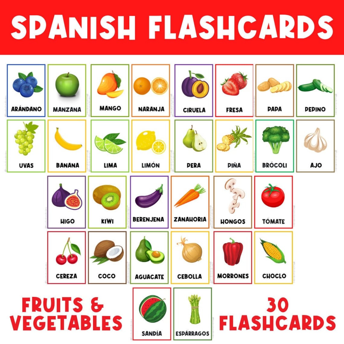SPANISH FLASHCARDS Fruits and Vegetables Preschool Flash - Etsy