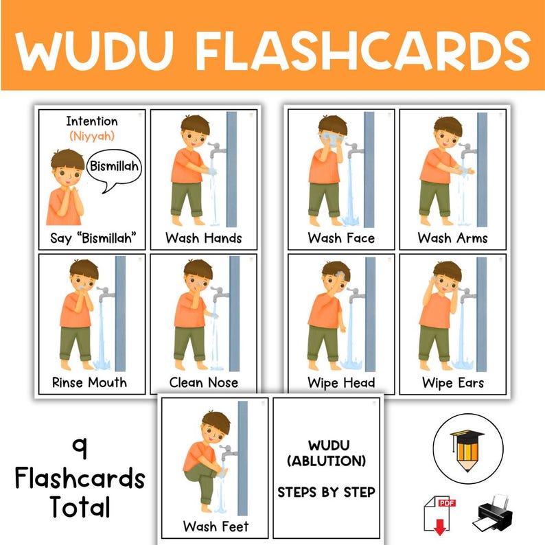 9 Wudu Flashcards | Ablution | Step by Step | Picture Cards | - Etsy
