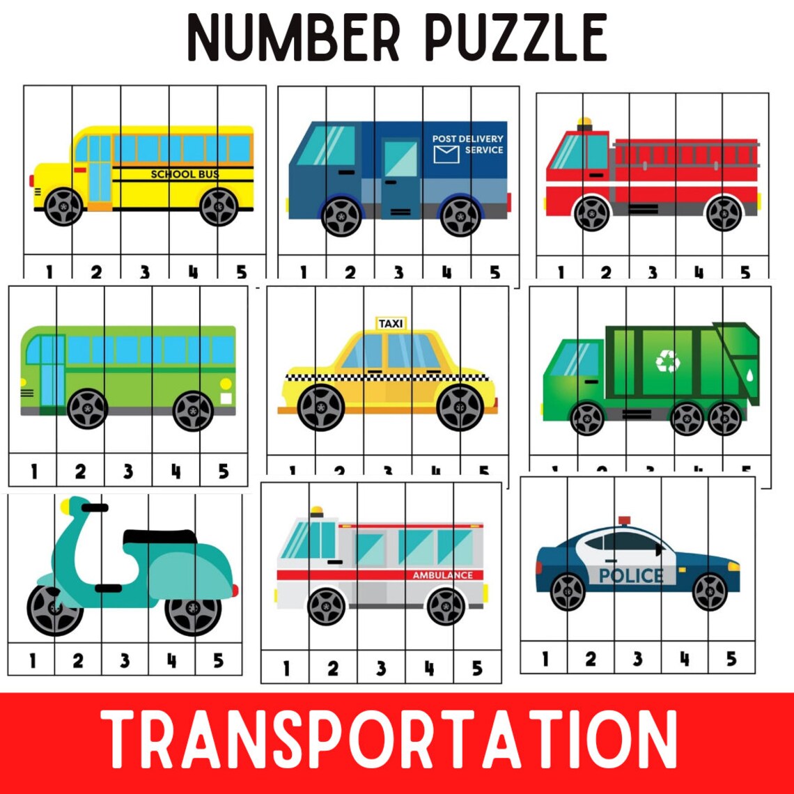 Preschool Puzzle Cars Vehicles Transportation Number Puzzles Number ...