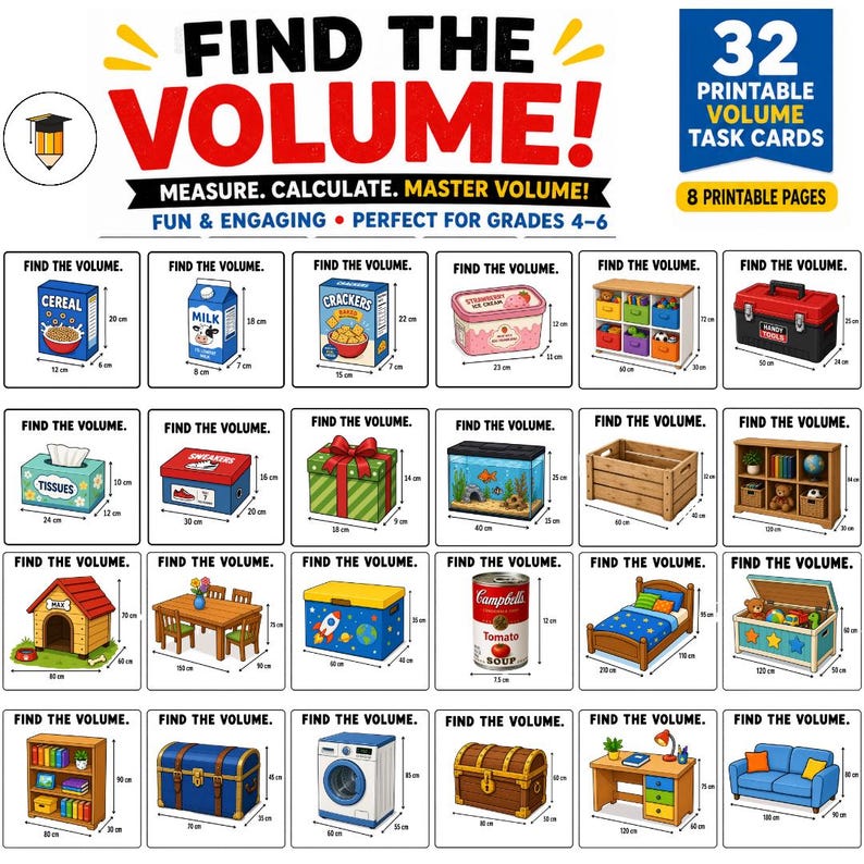Volume Task Cards 4th 5th 6th Grade Math Activity | 32 Printable Volume ...