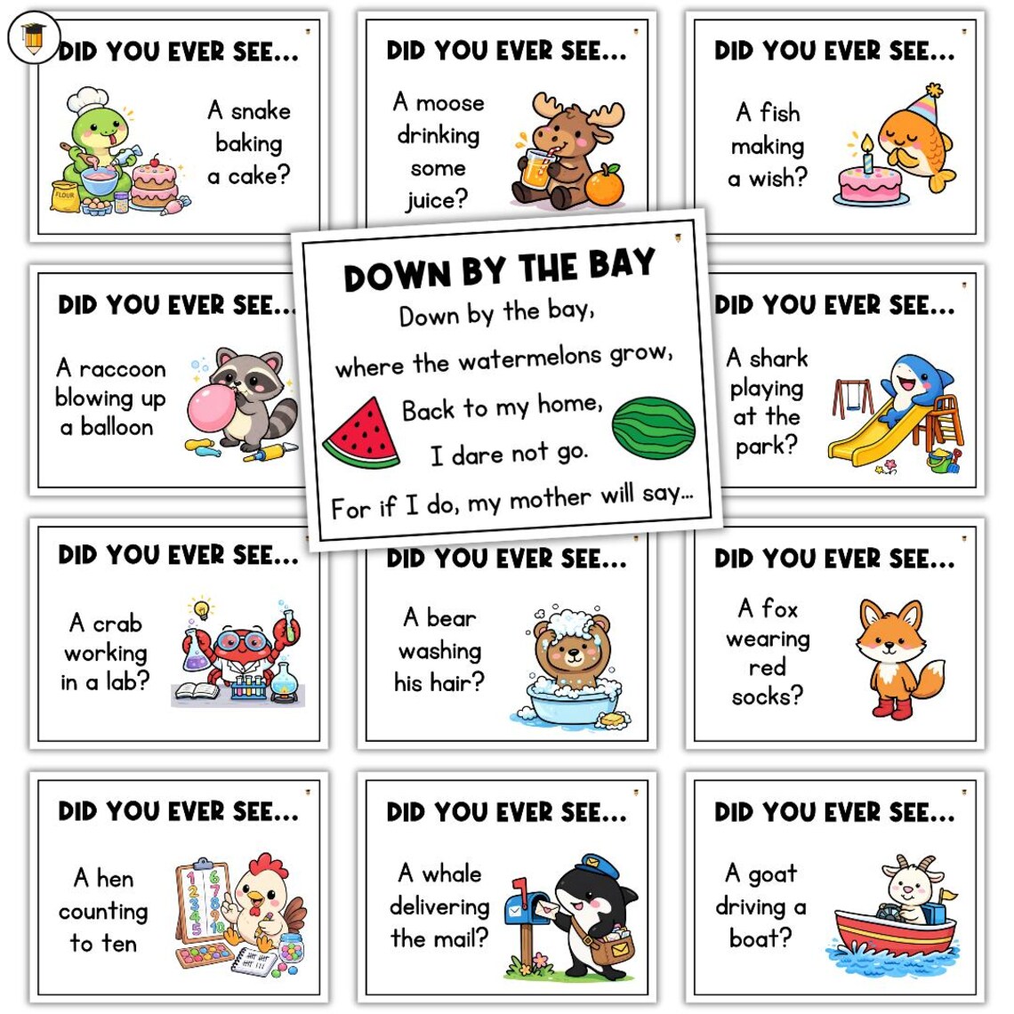 Down by the Bay Song | Song Cards | Kindergarten Songs | Preschool ...