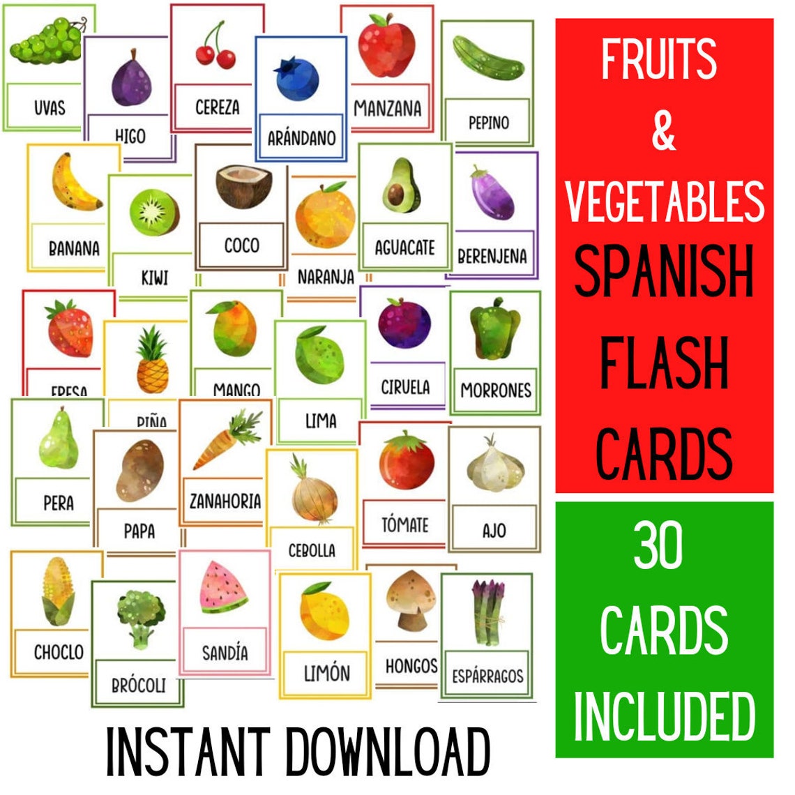 Spanish Flashcards Fruits and Vegetables Preschool Flash - Etsy Canada