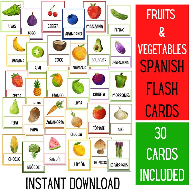 Spanish Flashcards Fruits and Vegetables Preschool Flash | Etsy