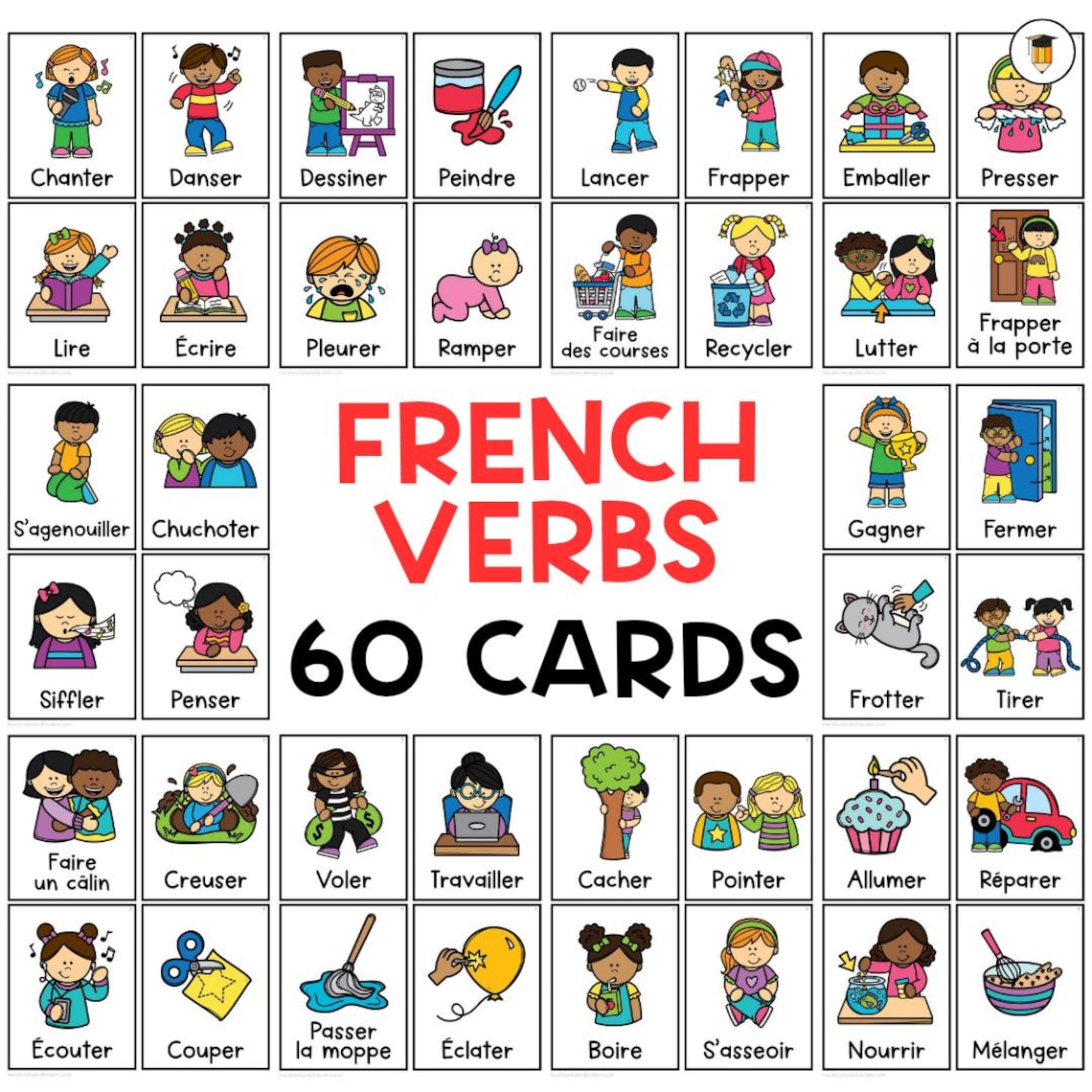 60 French Verbs Flashcards | Picture Cards | Action Verbs | Language ...