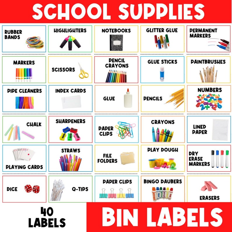 REAL PICTURES: School Supplies Signs | Bin Label | Printable Signs ...