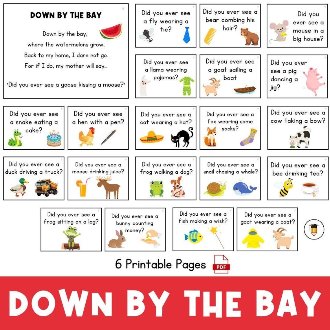 Down by the Bay Song | Song Cards | Kindergarten Songs | Preschool ...