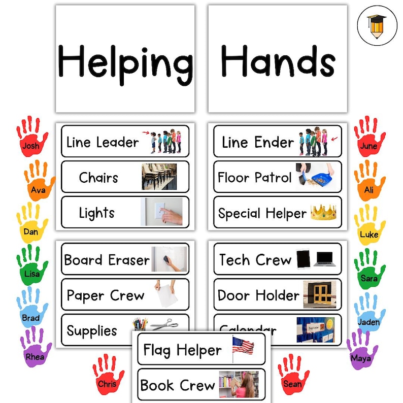 HELPING HANDS Classroom Jobs | Classroom Visual Task Card | Classroom ...