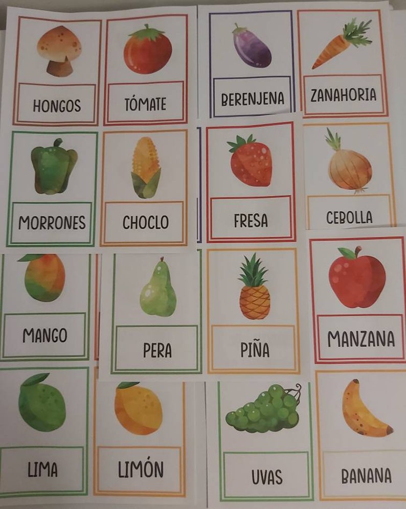 Spanish Flashcards Fruits and Vegetables Preschool Flash | Etsy