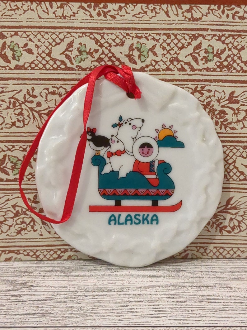 Ceramic Alaska Ornament Sled With Eskimo and Animals - Etsy