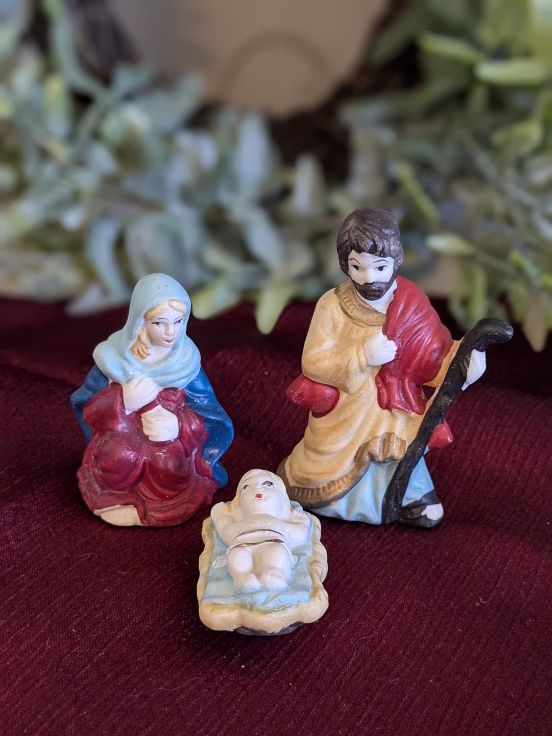 3 Piece Ceramic Nativity Set Mary, Joseph & Baby Jesus in Manger. - Etsy