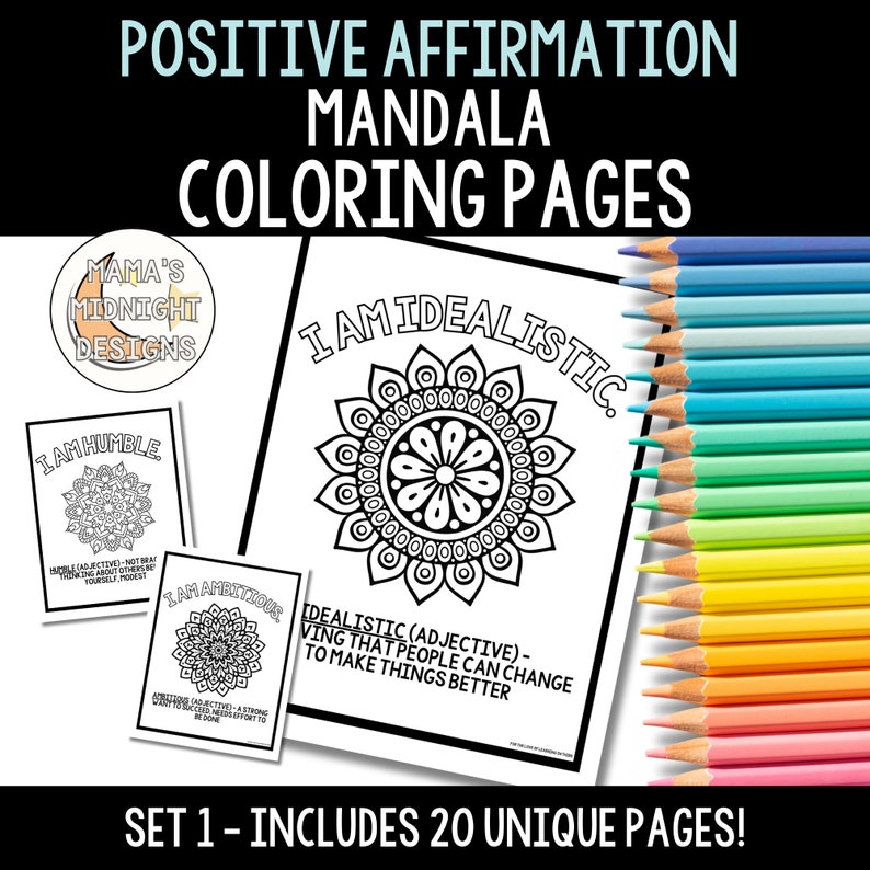Positive Affirmation Mandala Coloring Pages - Set of 20 - I Am ...