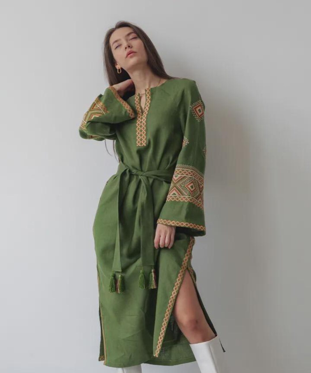Boho Chic Green Linen Dress, Slavic Embroidery, Ukrainian Fabric Easter ...