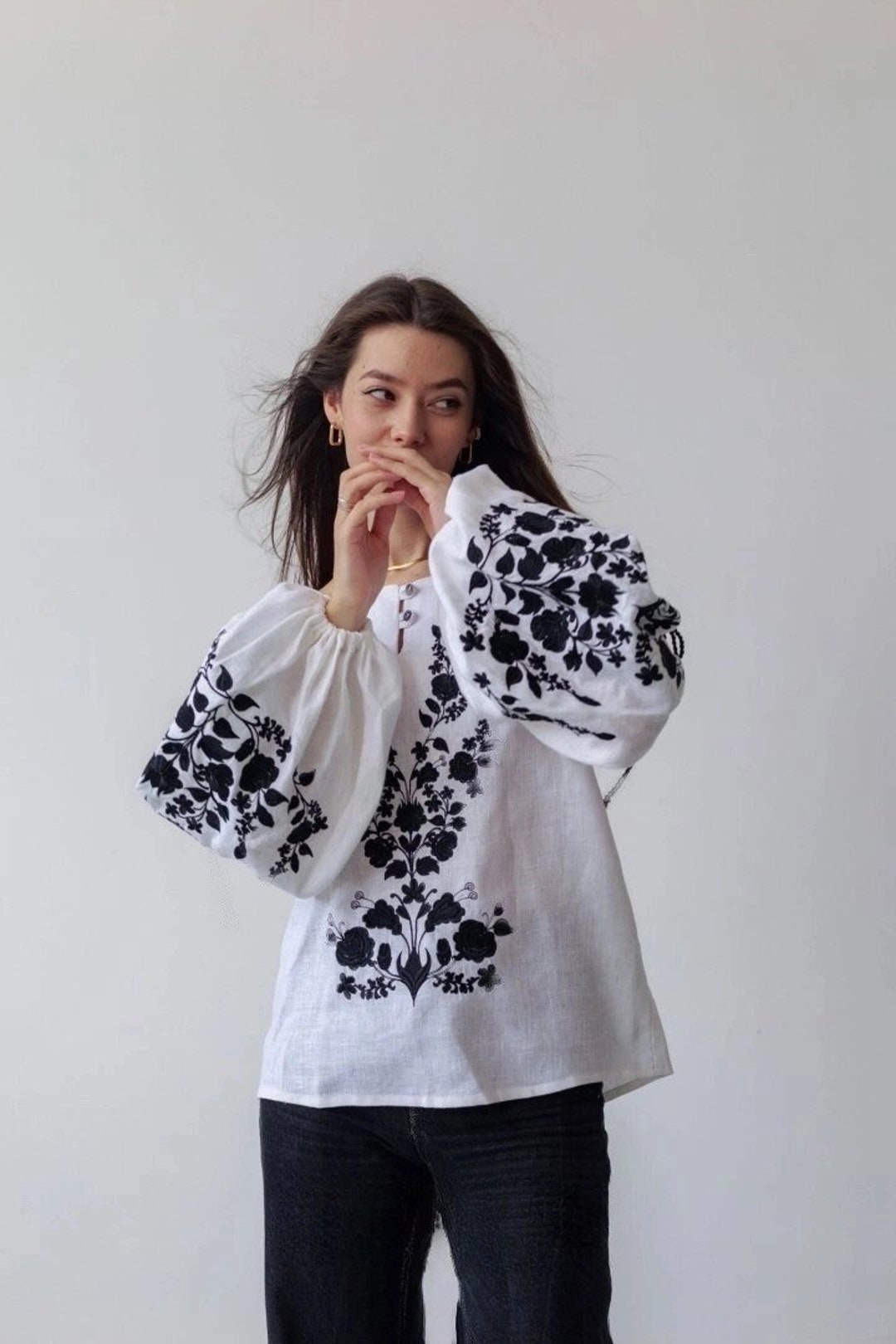 Traditional Garments Embroidery Linen Blouse White With Black Folk ...