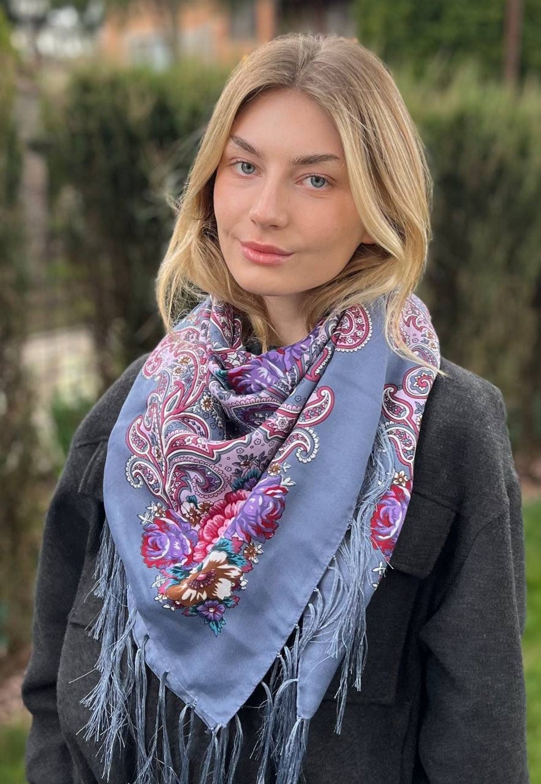 Ukrainian 120120 Fringe Floral Shawl Folk Style Scarf Gray Ethnic Folk ...