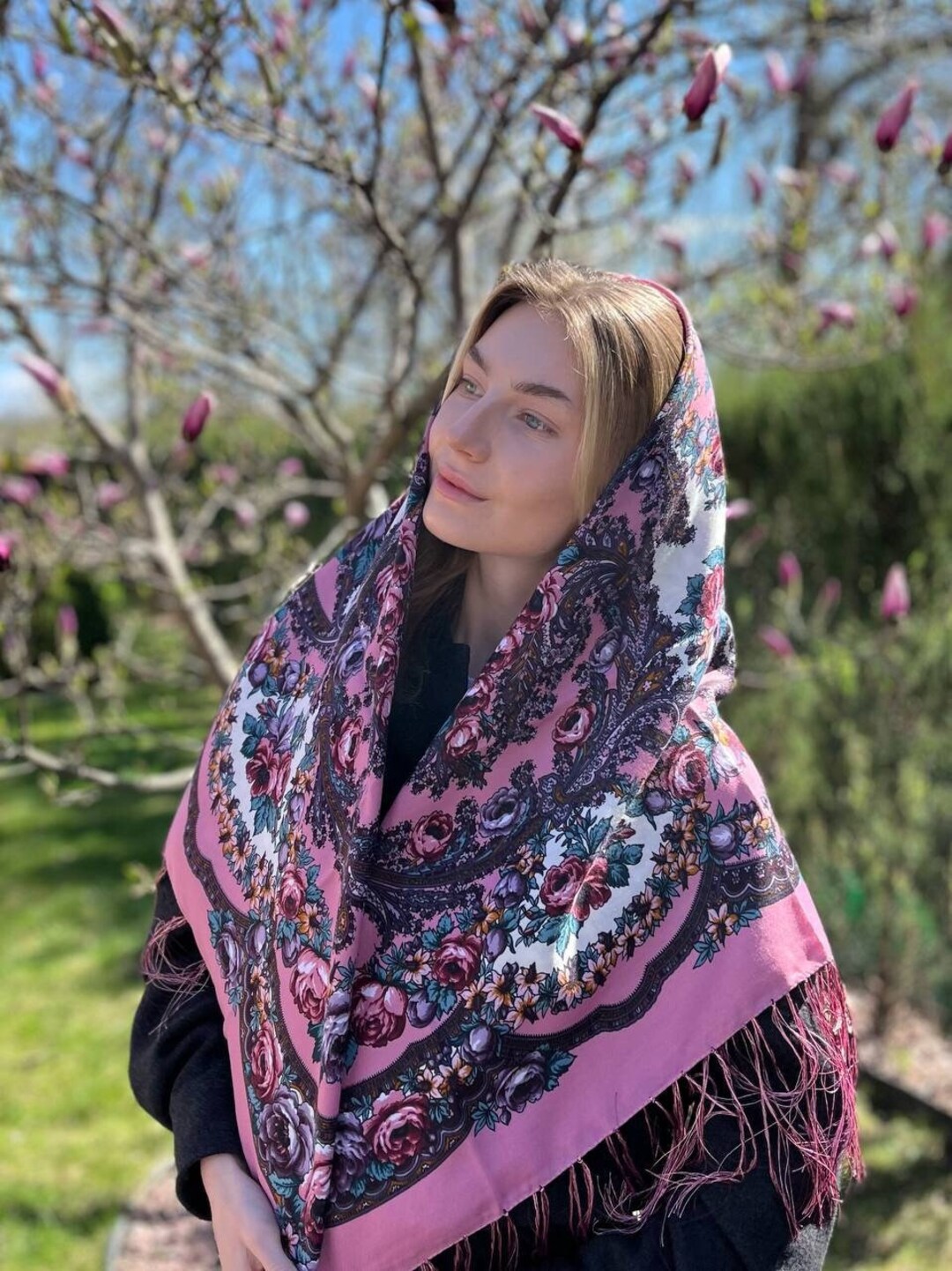 Wool Scarf Floral UNIQUE Pink Ethnic Folk Wool 120120 Shawl Slavic ...