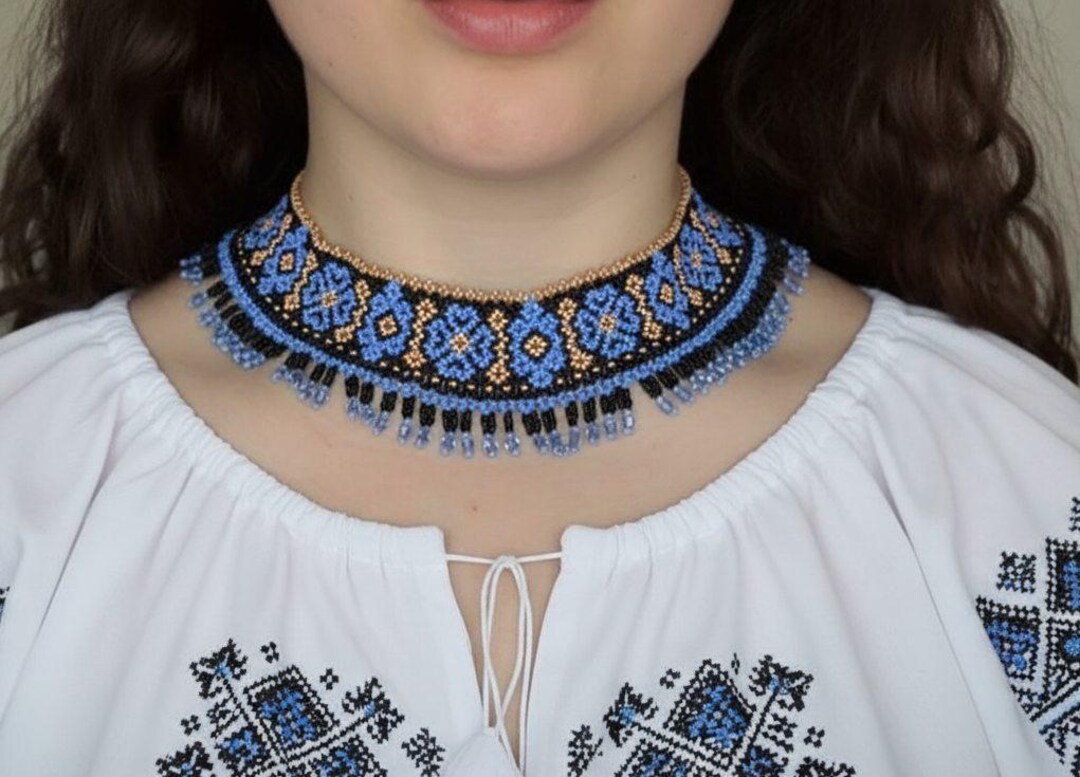 Blue Handmade Choker Ukrainian Vyshyvanka Sylyanka-collar Ukrainian ...