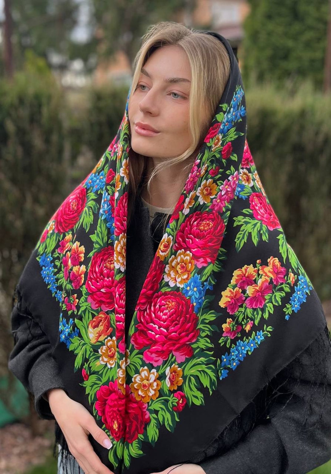 Ethnic Folk Wool Shawl Blue Slavic Floral Scarf Modern Chic Boho With ...