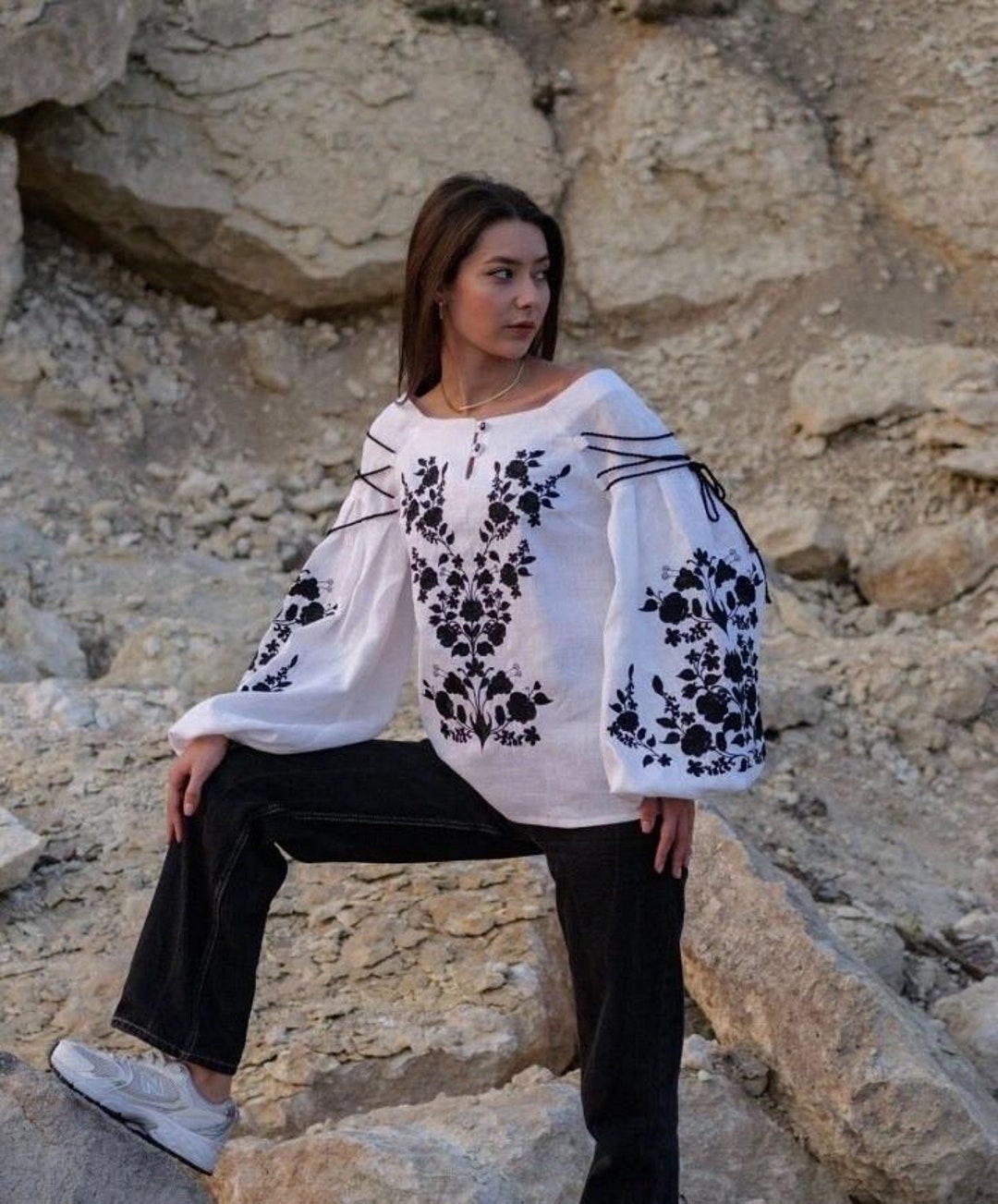 Traditional Garments Embroidery Linen Blouse White With Black - Etsy