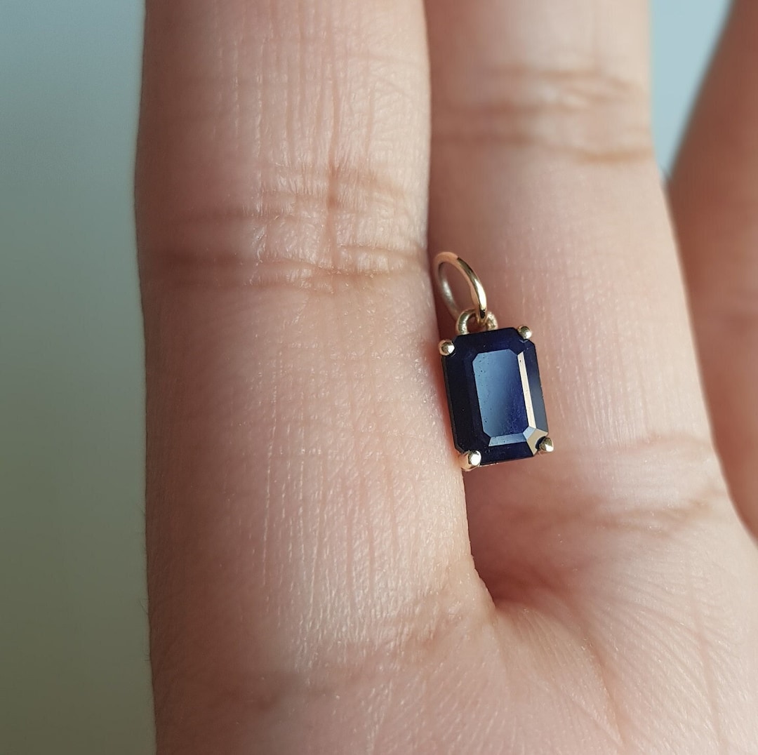 Blue Sapphire/14k Gold Charm/sapphire Emerald Cut Pendant/charm for ...