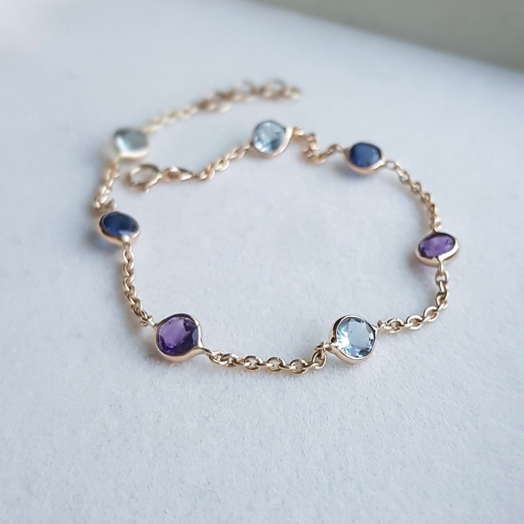 Multi Gemstone 18k Solid Gold Bracelet/minimal Handmade Gold Gemstone ...