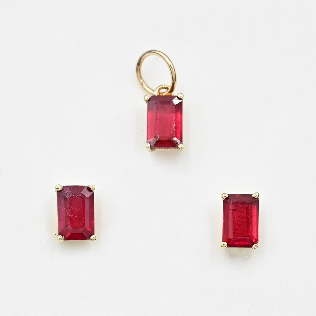 6x4 Mm Octagon Shape Natural Ruby Cut Jewelry Set/14k Solid Gold ...
