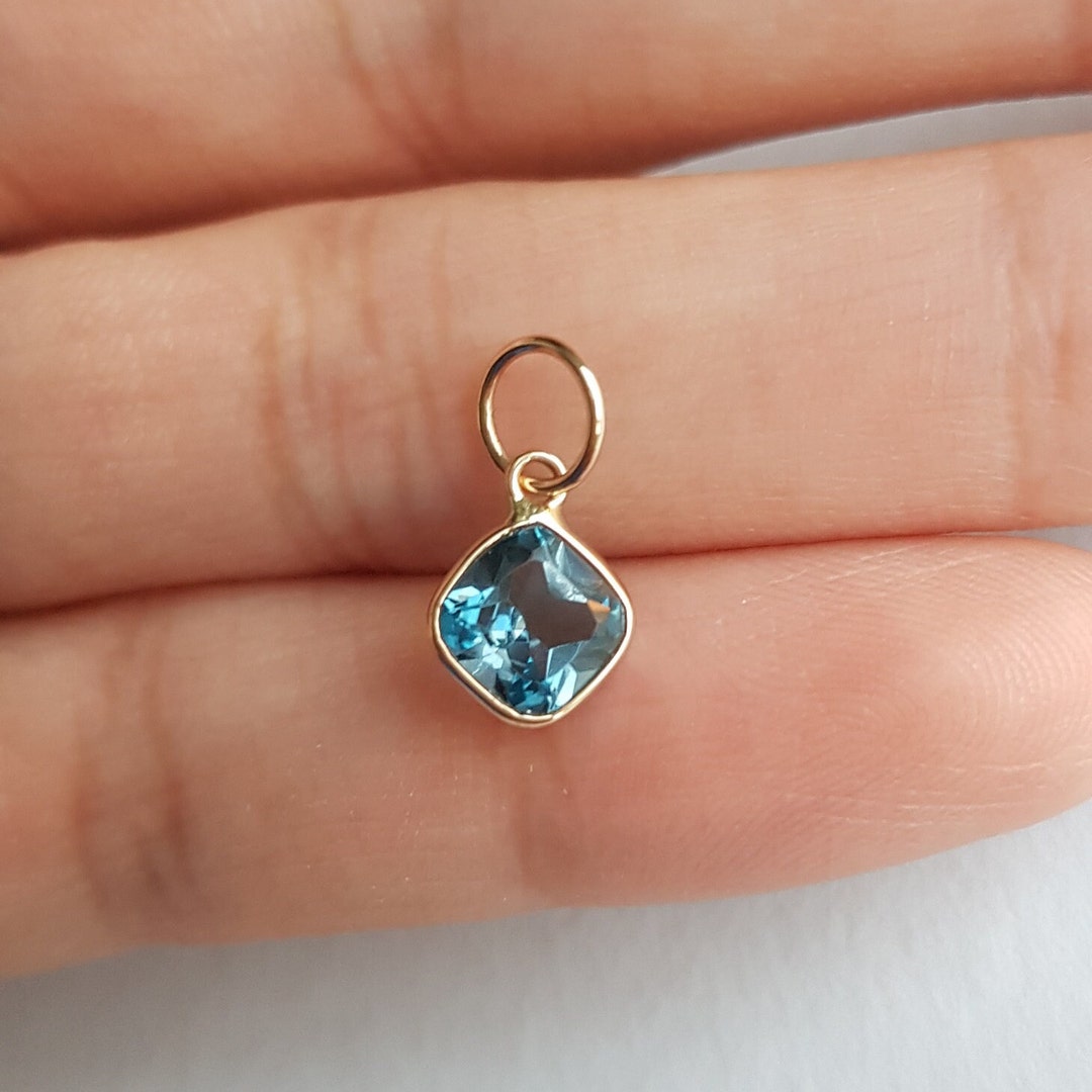 London Blue Topaz 18k Solid Gold Charm Pendant/cushion Shape Topaz ...