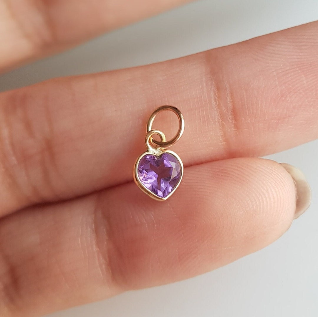Amethyst 18k Solid Gold Charm Pendant/heart Shape Minimal Amethyst ...