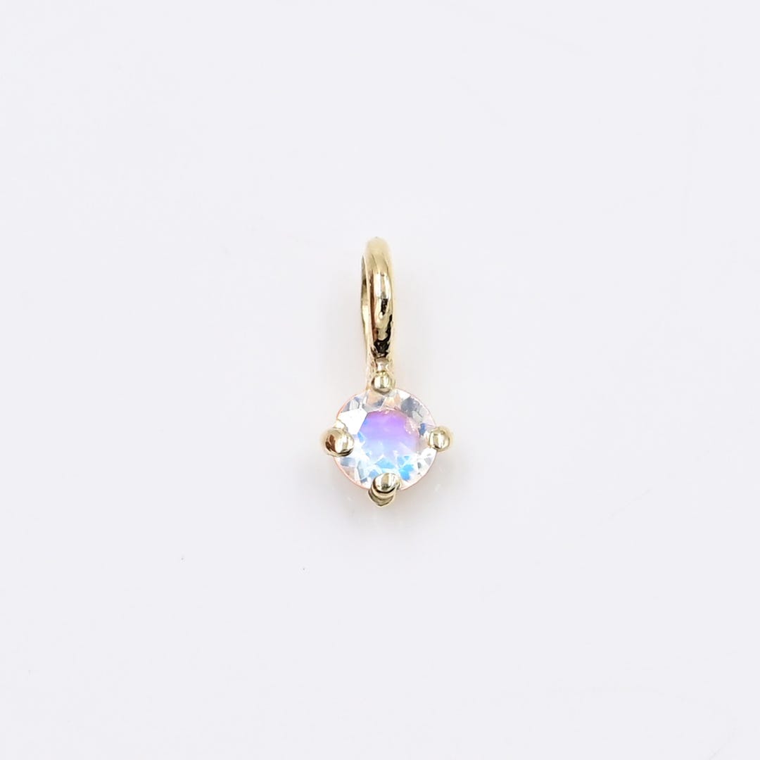 14k Solid Gold Blue Fire Rainbow Moonstone Charm, 2.5 Mm Round ...