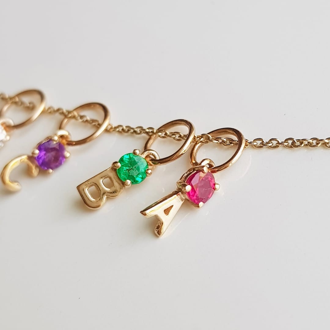 Alphabet A-Z 14k Solid Gold Birthstone Charm/round Shape Gemstone ...