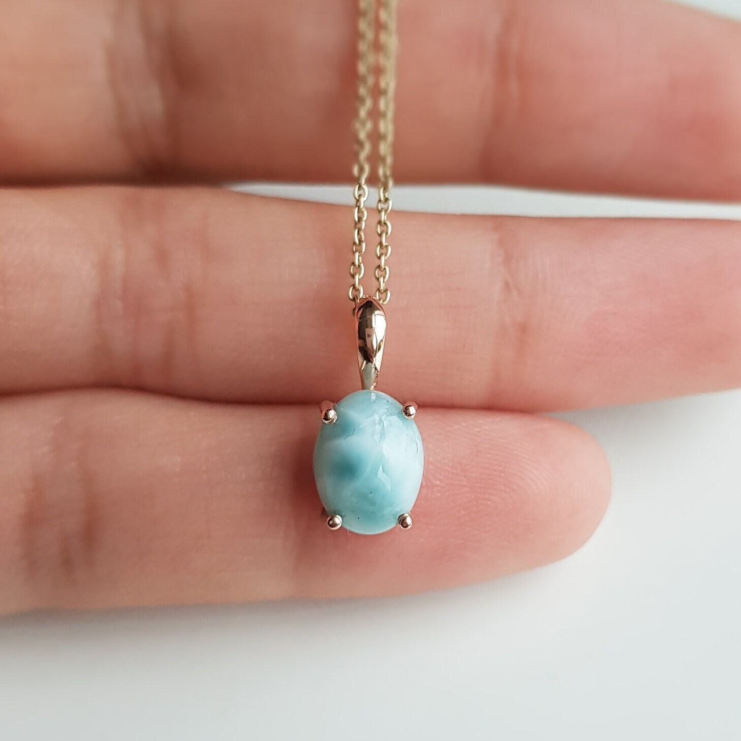 Larimar/14k Solid Gold Pendant/dainty Handmade Pendant/natural Oval ...