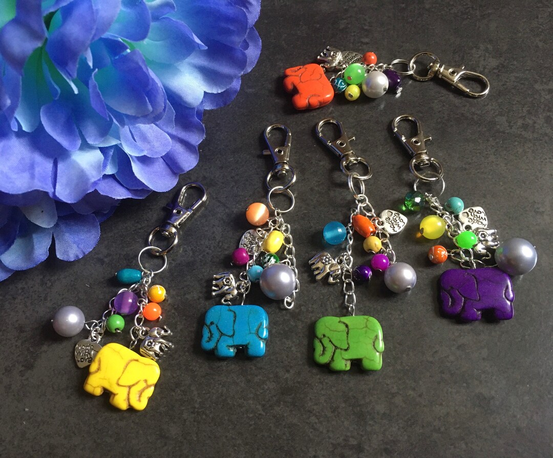 Keisa’s Colourful Howlite Bead Charm Elephant Keyring Bespoke Handmade ...