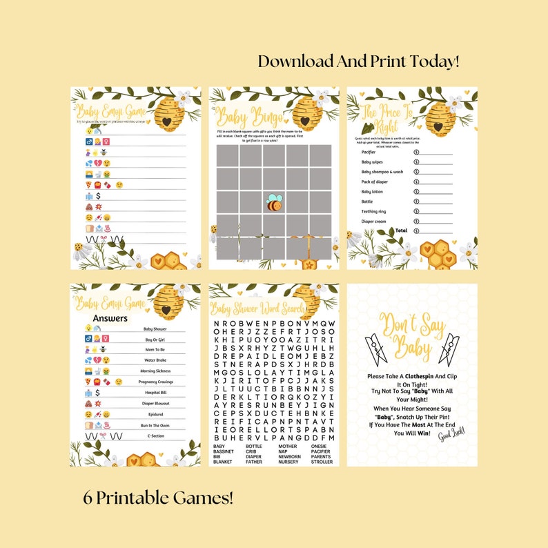 Honey Bee, Honey Comb, Baby Shower Games Bundle Pack Instant Download ...
