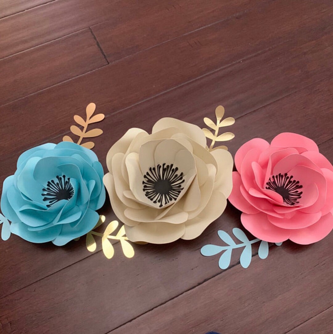 3D Paper Flower Wall Decor: Baby Blue, Pink, Tan, Gold Set - Etsy
