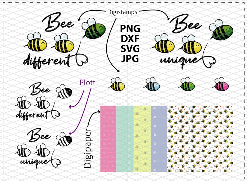 Bee different / Bee unique Bienen Digistamp, Digipaper, Plotterdateien ...