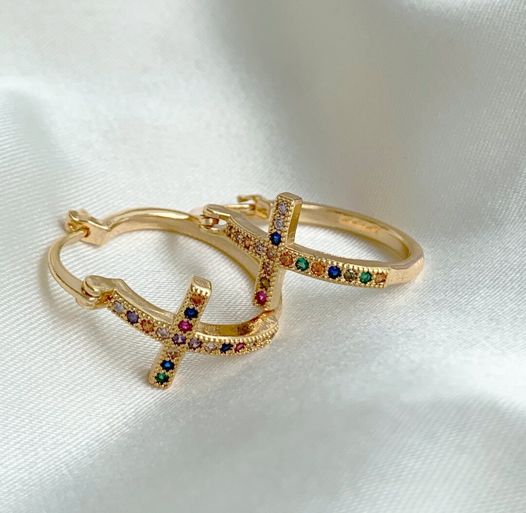 Mini Hoop Earrings 18K Gold Filled Cross Rainbow Cross Hoop Earrings ...