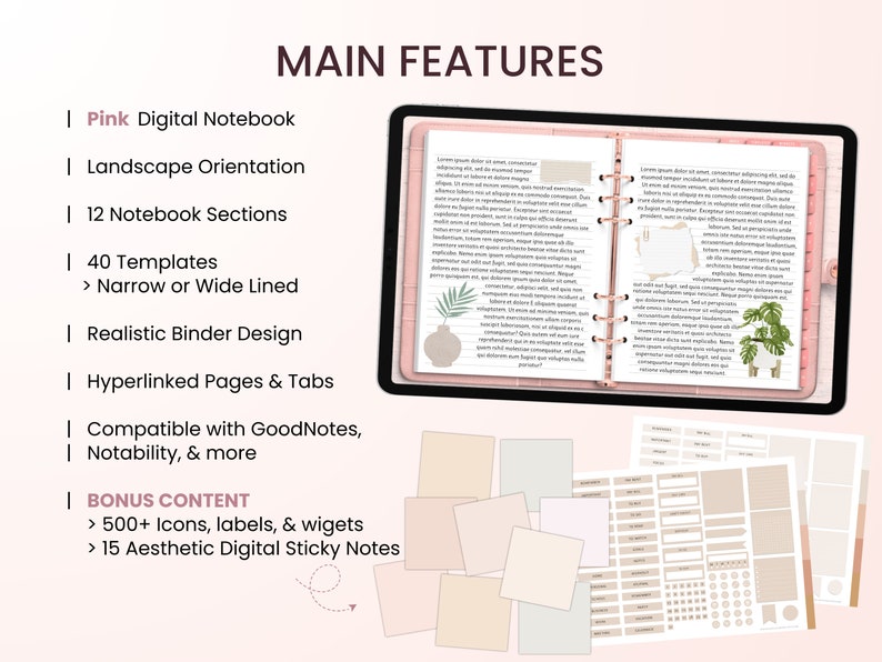 Pink Digital Notebook for Goodnotes: 12 Tabs, 40 Templates (digital ...
