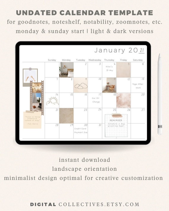 Undated Monthly Calendar Printable Calendar Digital - Etsy