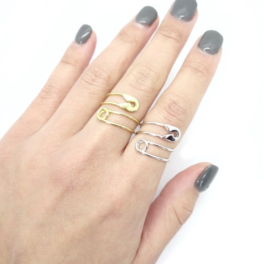 Classic Safety Pin Rings, Stack Safety Pin Ring Silver, Safety Pin Adjustable Modern Ring 14k ...