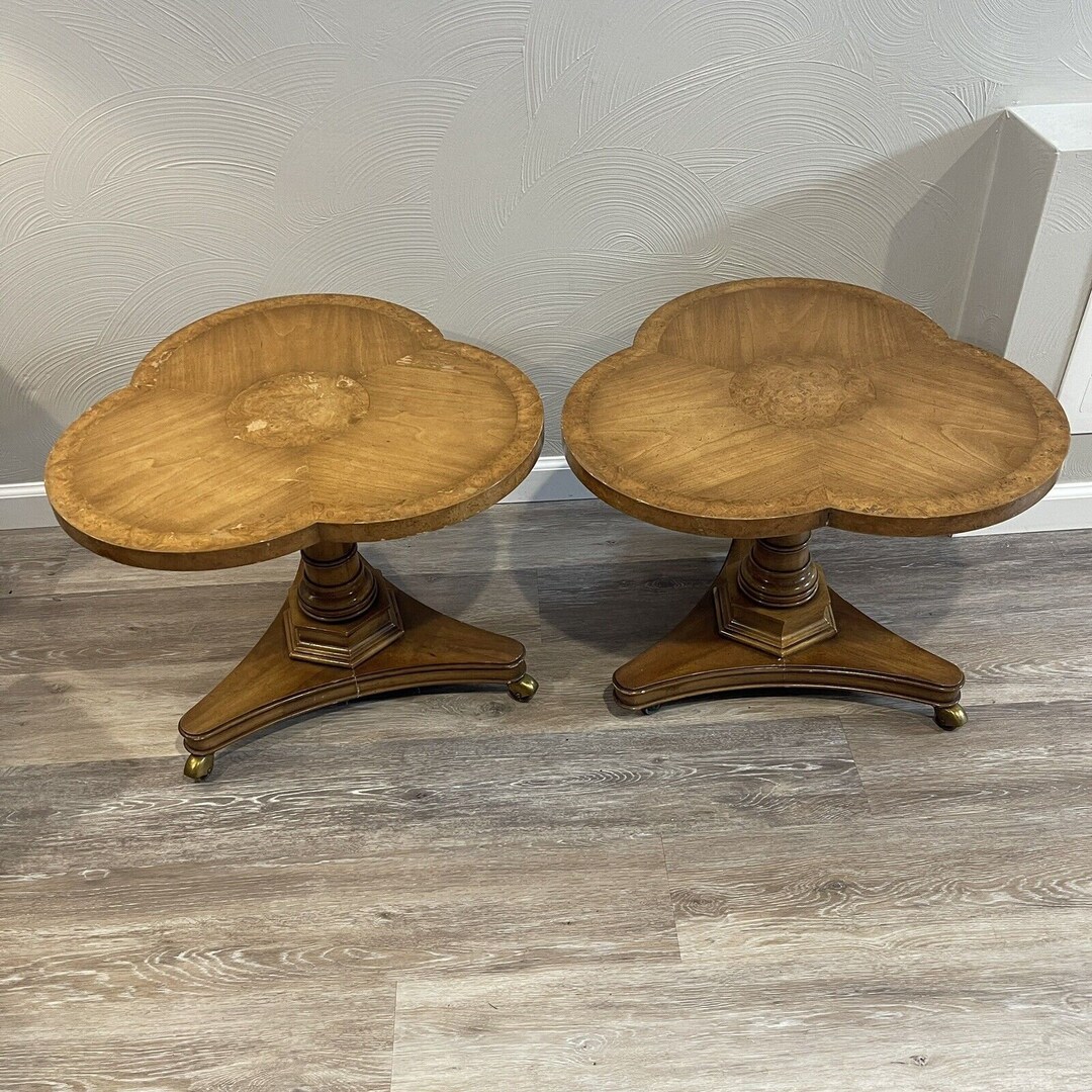Weiman Trefoil & Burl Pedestal Side Table on Gold Casters Set of 2 Pair ...