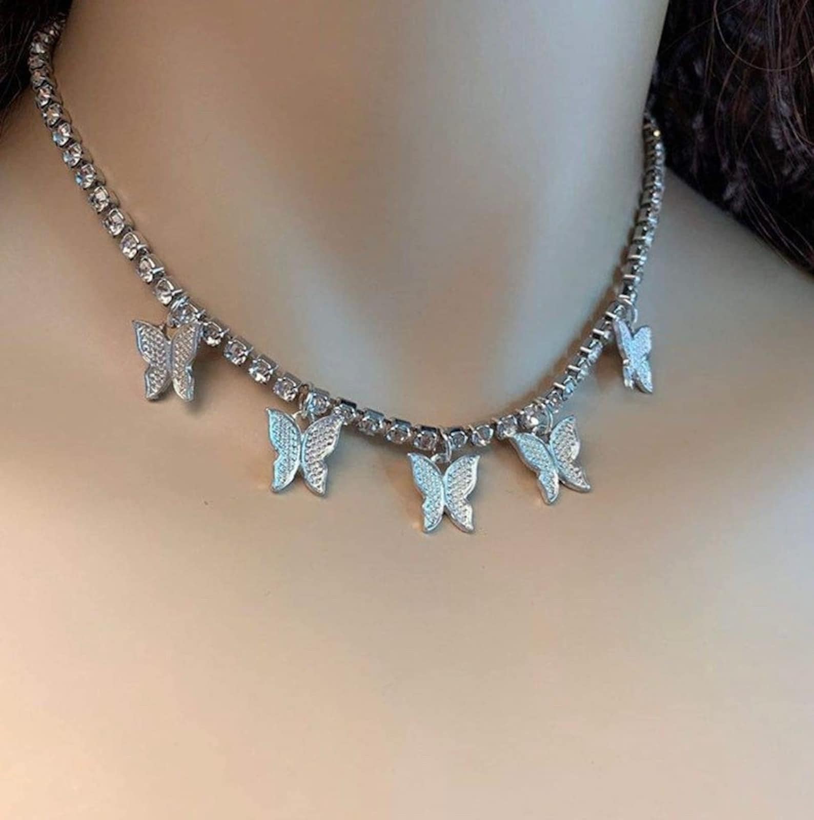 BUTTERFLY CHAIN NECKLACE Butterfly Choker Bling Iced Butterfly Necklace ...