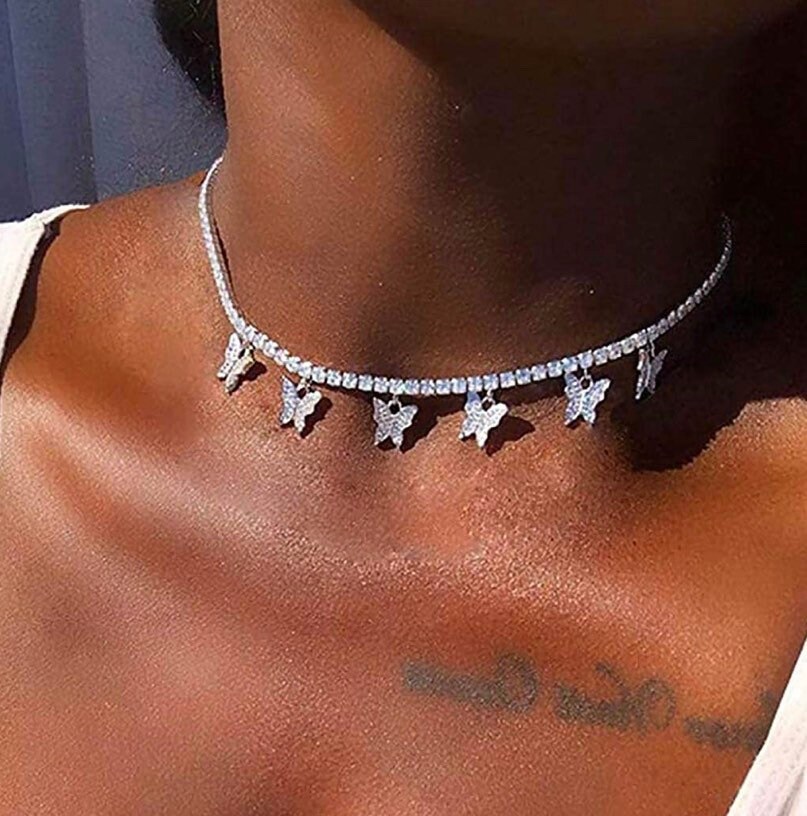 BUTTERFLY CHAIN NECKLACE Butterfly Choker Bling Iced Butterfly Necklace ...