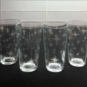 Starburst Set of 4 Retro Designed 16 Oz. Glass Individually Hand Etched ...